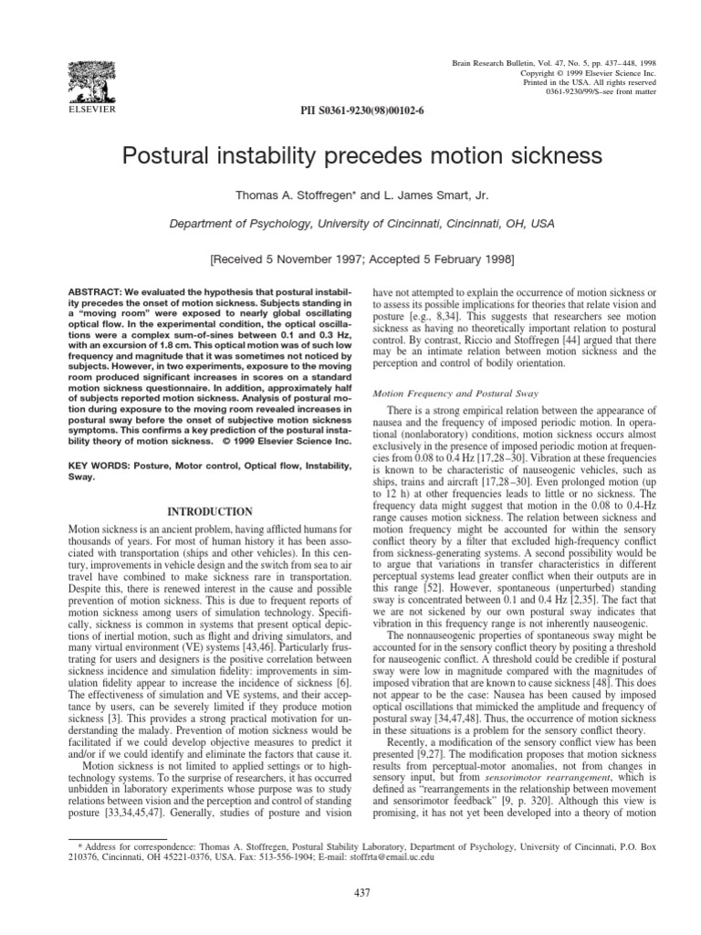 Postural Instability Precedes Motion Sickness | PDF | Experiment | Balance (Ability)
