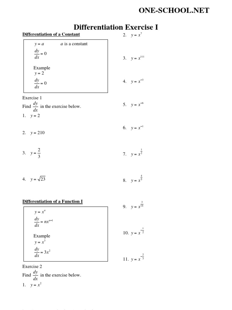 SPM AddMath - Differentiation Exercise I | PDF