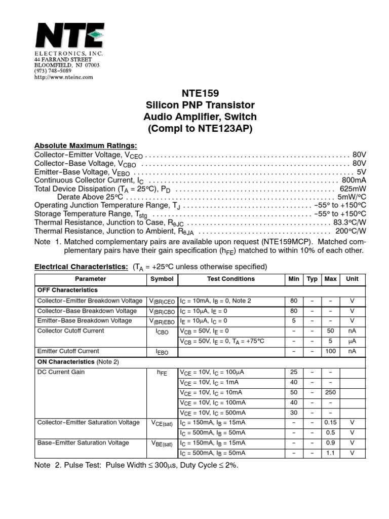 Q603 - Nte159 | PDF | Bipolar Junction Transistor | Semiconductor Devices