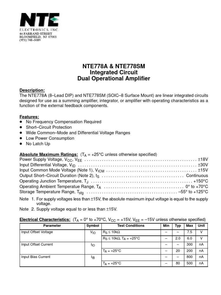 NE5532 - Nte778a | Download Free PDF | Amplifier | Analog Circuits