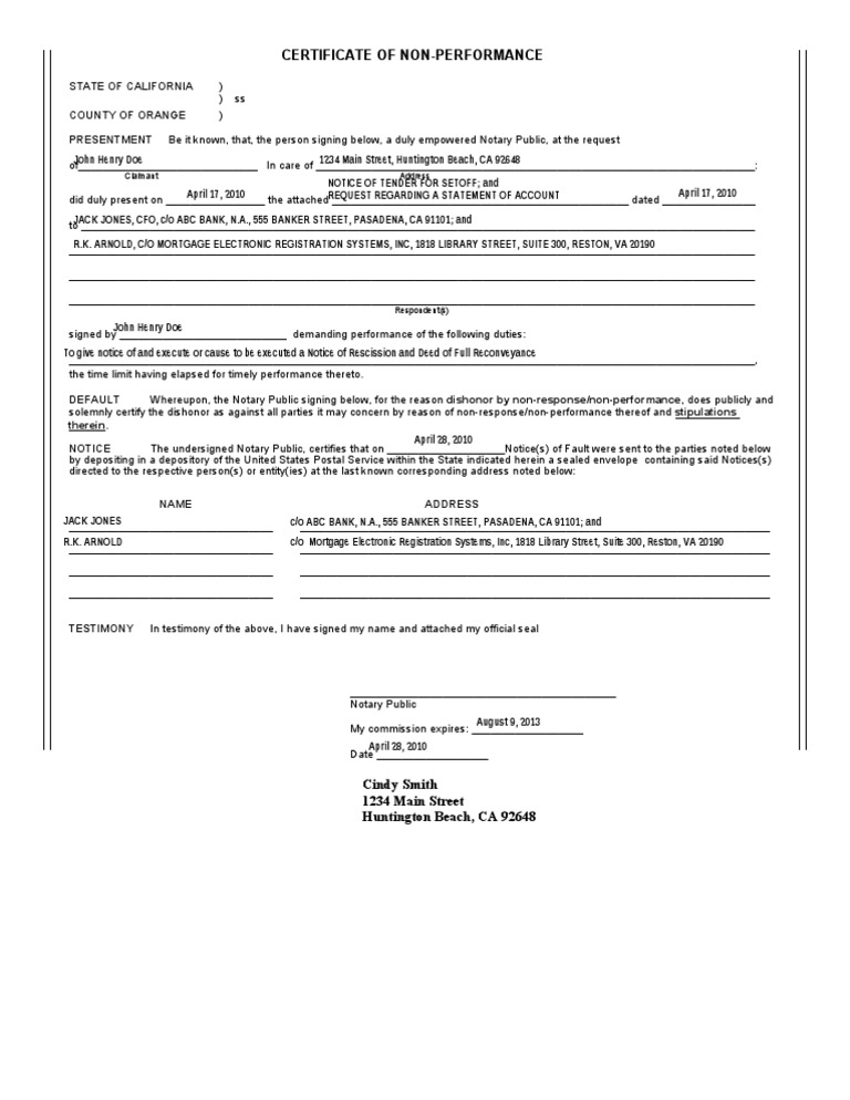 3.1 Certificate of Non Performance