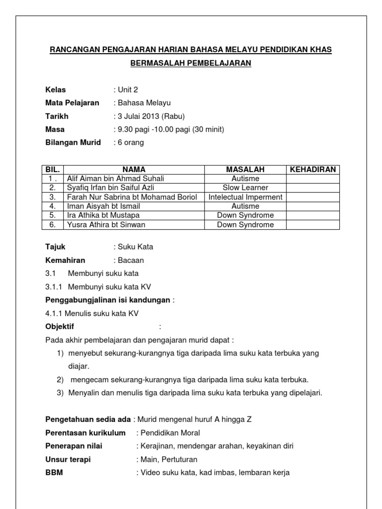 RPH BM Pendidikan Khas | PDF