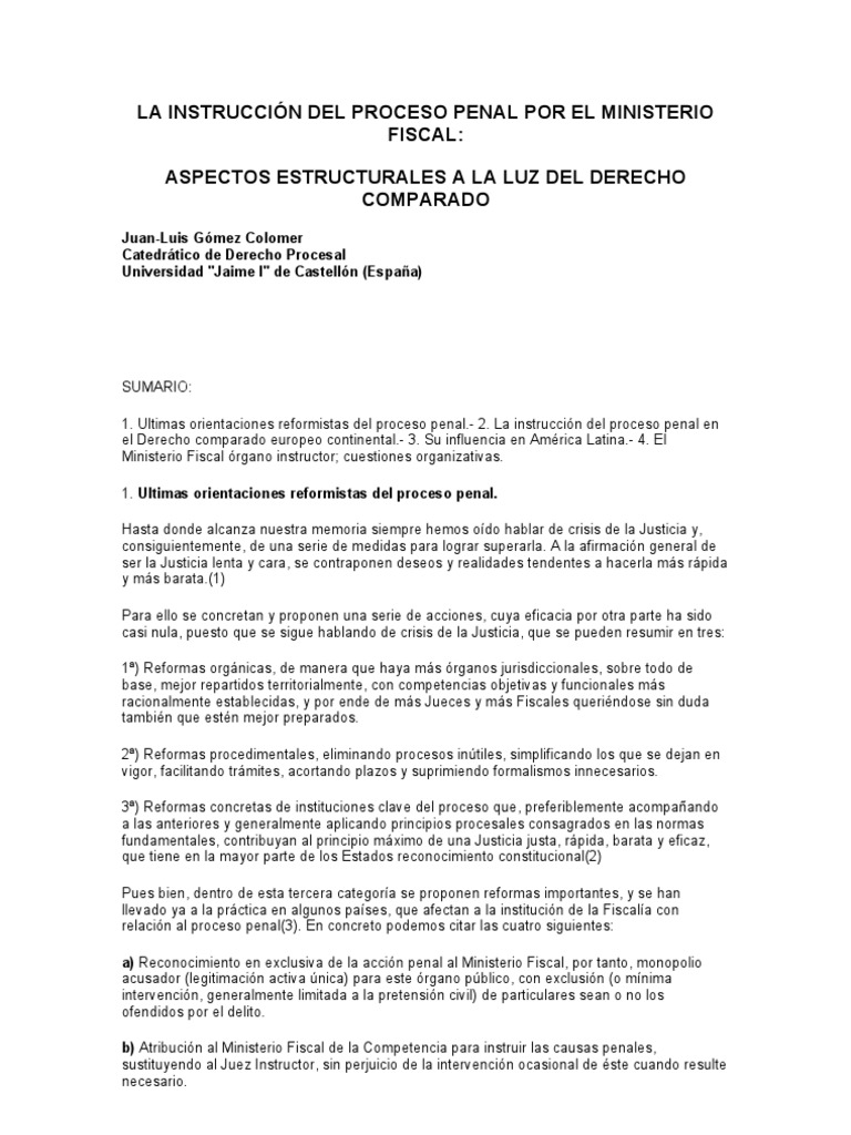LA INSTRUCCIÓN DEL PROCESO PENAL POR EL MINISTERIO FISCAL Juan Luis Gomez Colomer | PDF ...