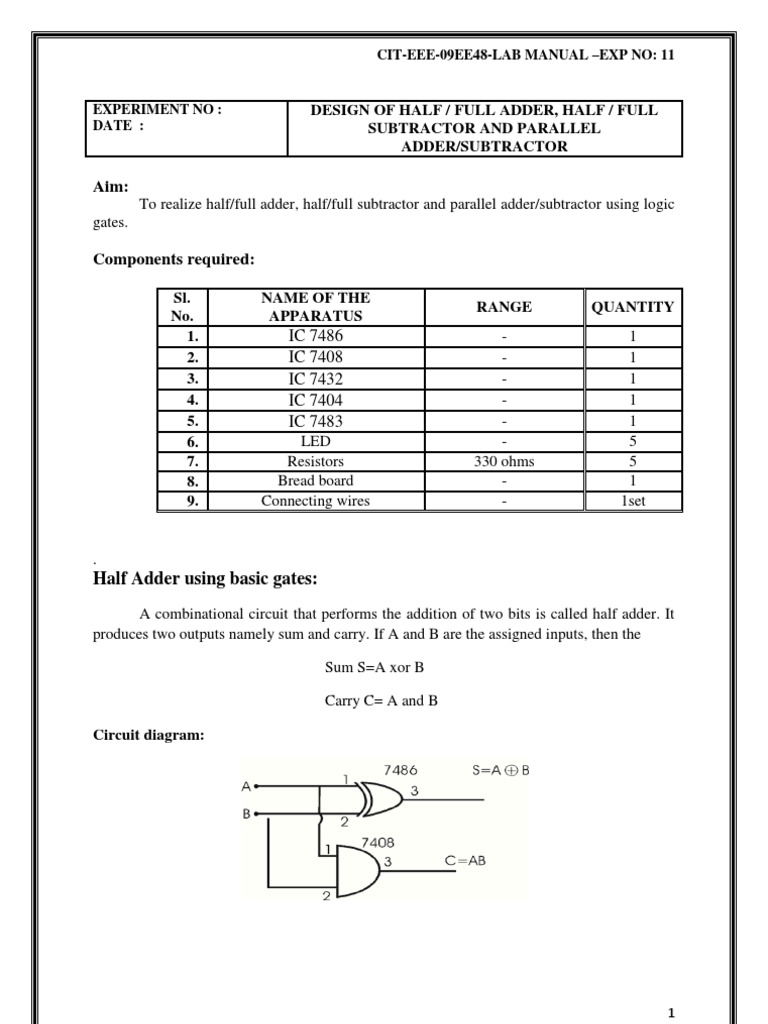 Design of Half Full Adder, Half Full Subtractor and Parallel ...