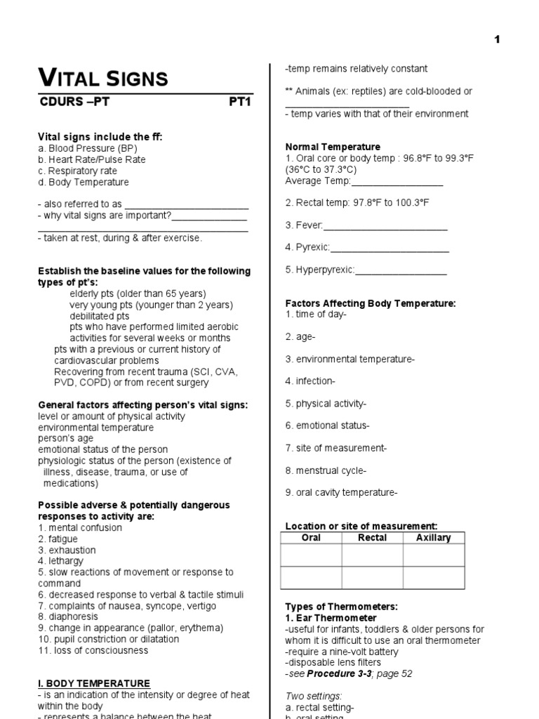 Vital Signs Handout 2013 | PDF | Blood Pressure | Pulse