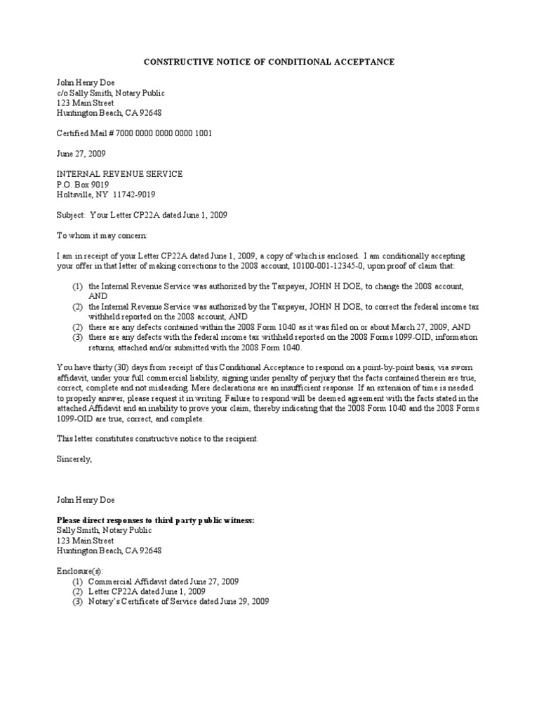Conditional Acceptance of IRS CP22A Notice | PDF | Affidavit | Notary ...