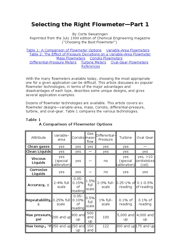 Selecting The Right Flowmeter | PDF | Flow Measurement | Gases