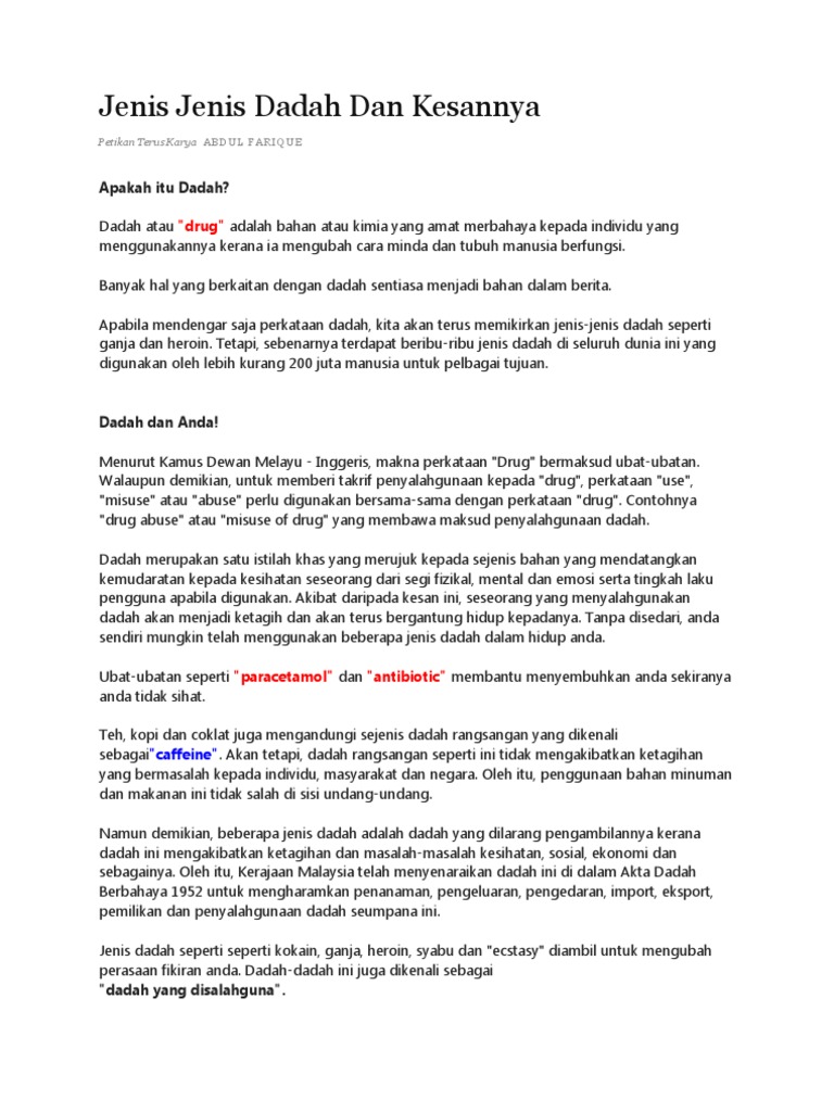 Jenis Jenis Dadah Dan Kesannya | PDF