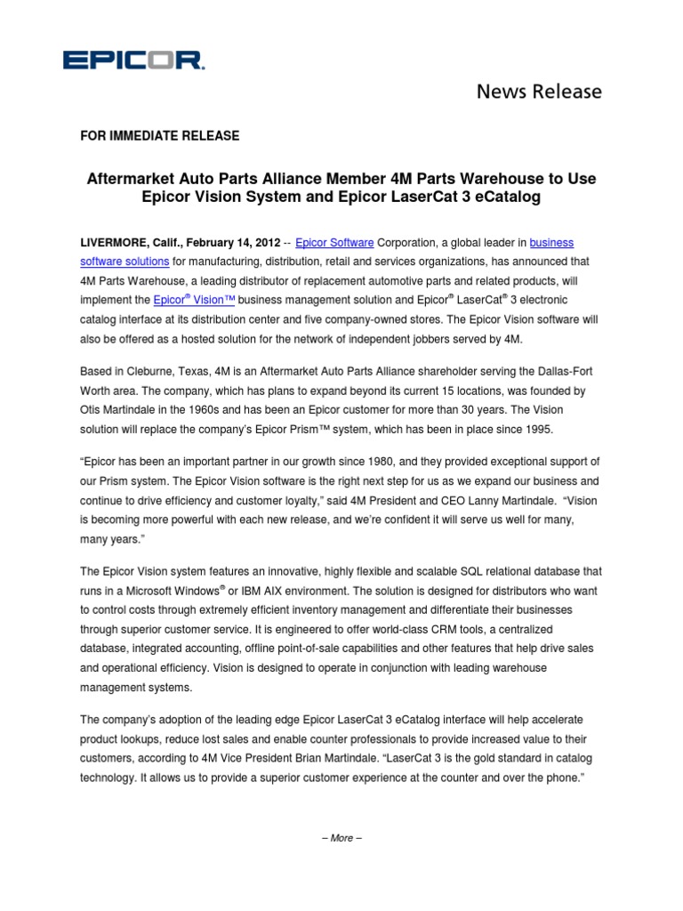 4M Parts Warehouse Selects Epicor Vision NR ENS 021412 | PDF ...