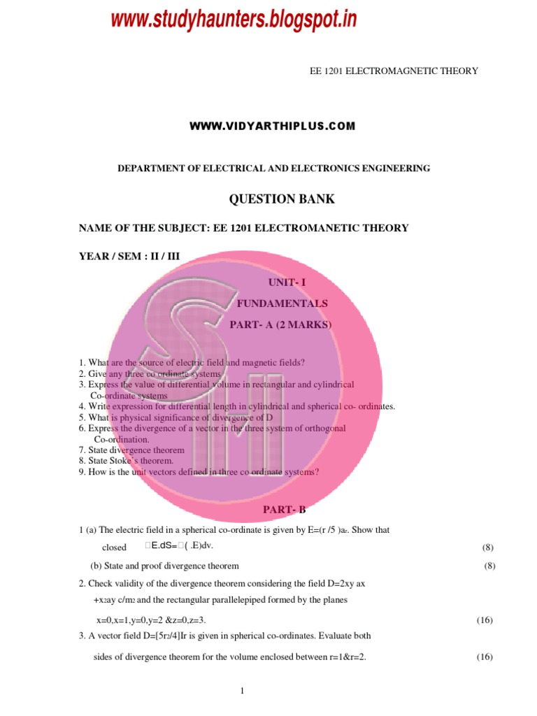 Electromagnetic Theory Question Bank | PDF | Magnetic Field | Inductance