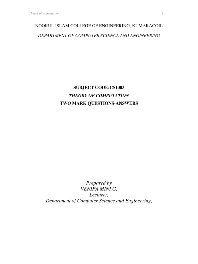 CS1303 Theory of Computation | Download Free PDF | Regular Expression | Automata Theory