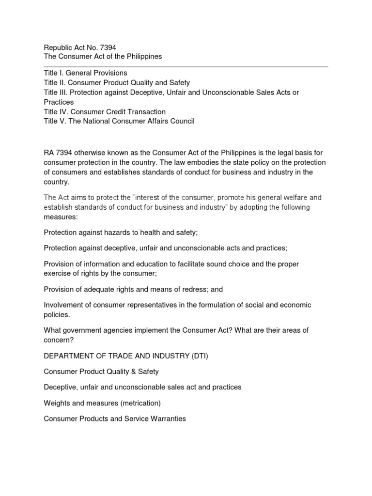 Ra 7394 | PDF | Receipt | Consumer Protection