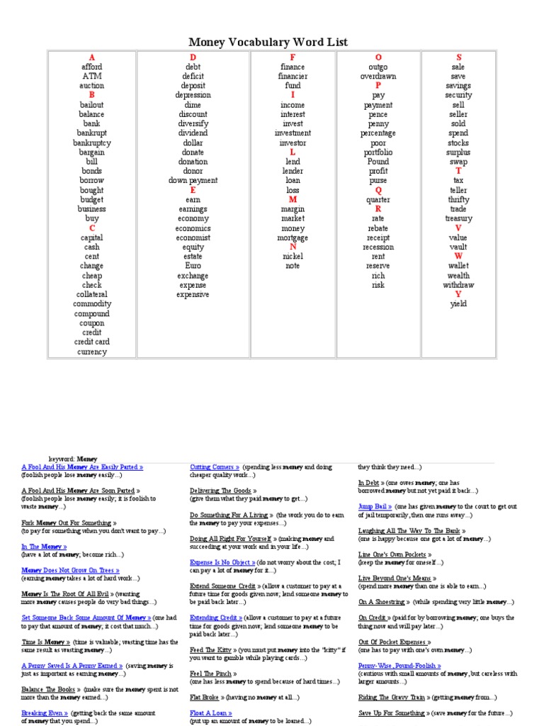 Money Vocabulary Word List | PDF | Credit (Finance) | Money