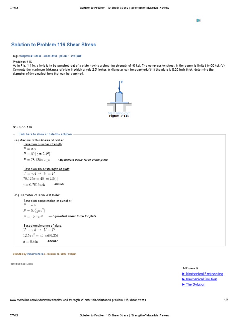 Solution To Problem 116 Shear Stress - Strength of Materials Review ...