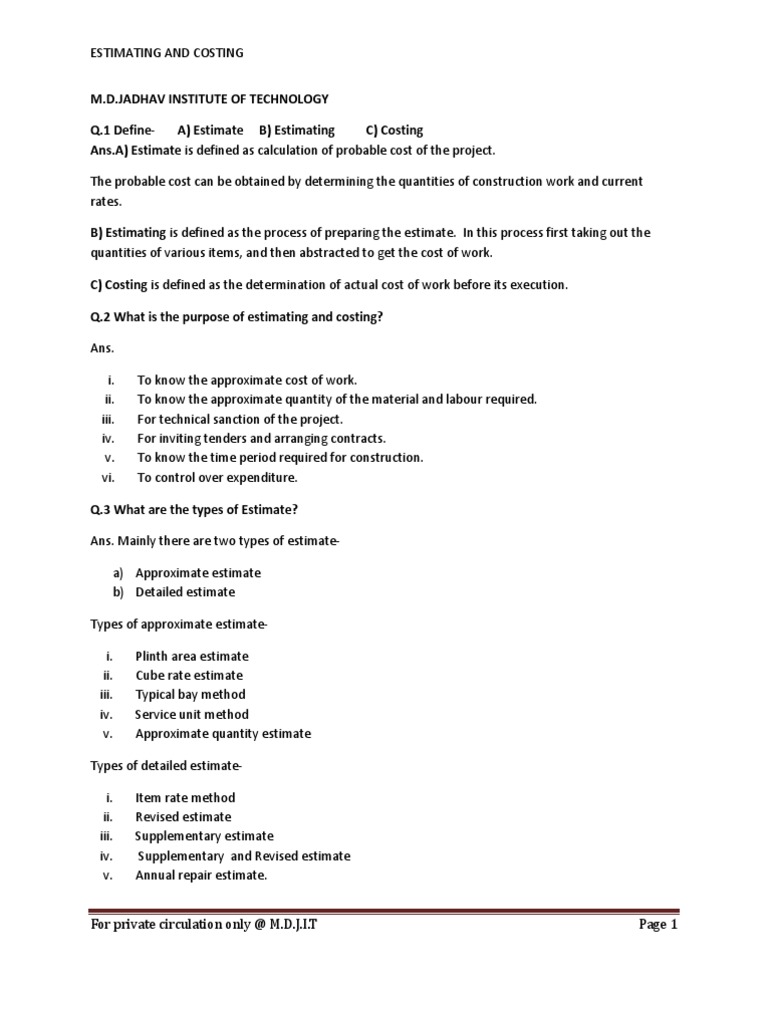 Estimate And Costing Question Answer Pdf Specification Technical