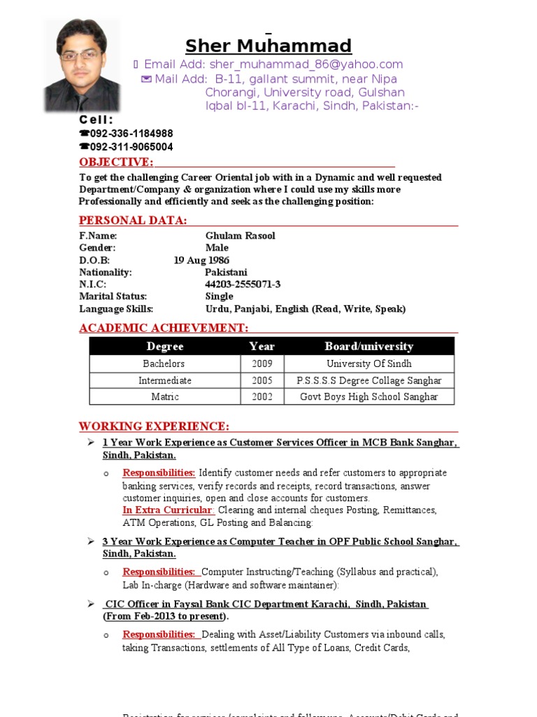 Resume Sher Muhammad 2013 | PDF | Career & Growth