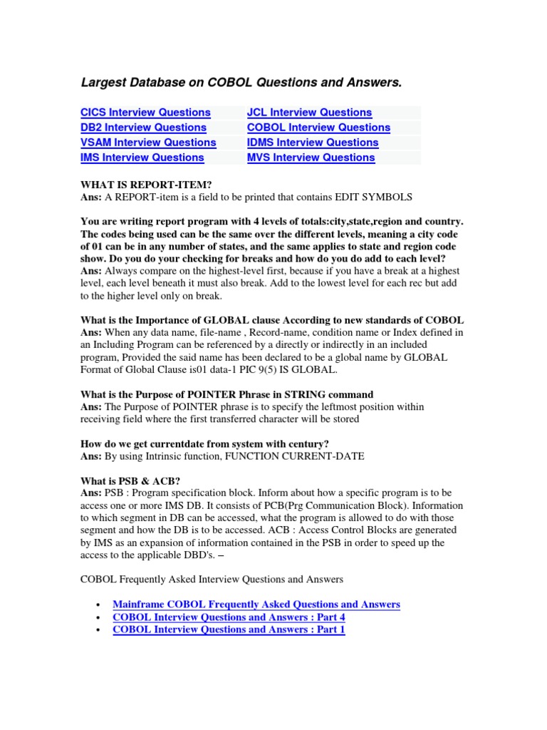 COBOL Questions and Answers | PDF | Computer Engineering | Software ... COBOL Questions and Answers | PDF | Computer Engineering | Software ...