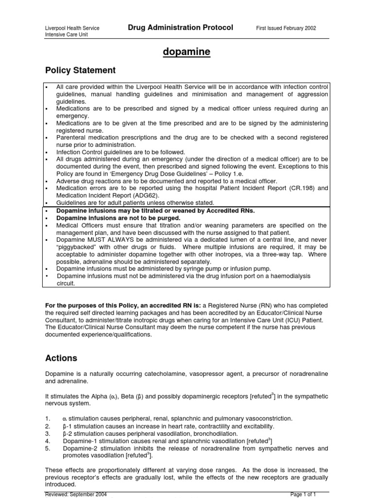 Dopamine Administration Protocol for ICU | PDF | Intravenous Therapy ...