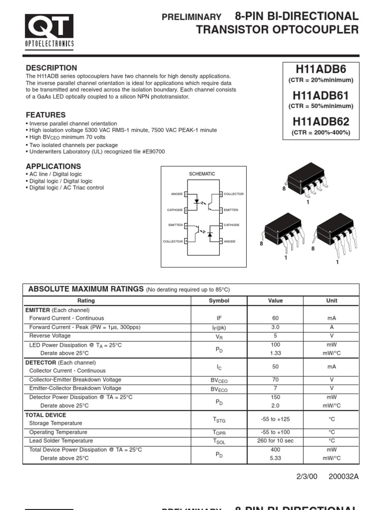 8-Pin Bi-Directional Transistor Optocoupler: Preliminary | PDF