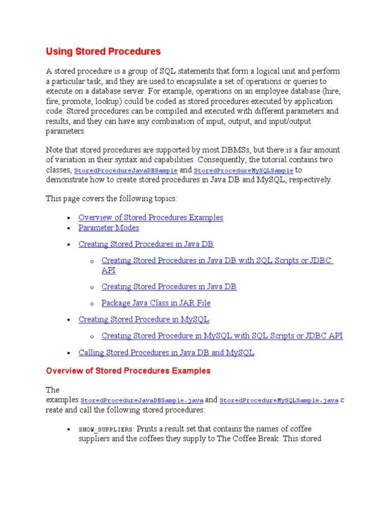 Stored Procedures | PDF | Parameter (Computer Programming) | Java ... Stored Procedures | PDF | Parameter (Computer Programming) | Java ...