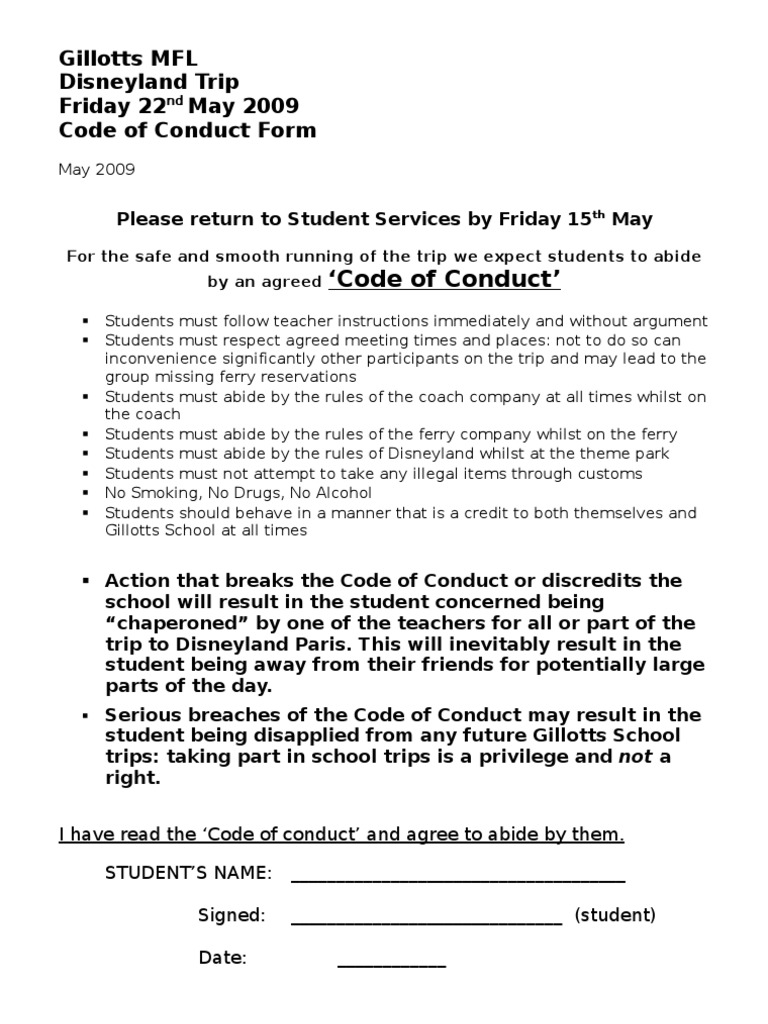 Gillotts School Disneyland Trip Conduct Form | PDF