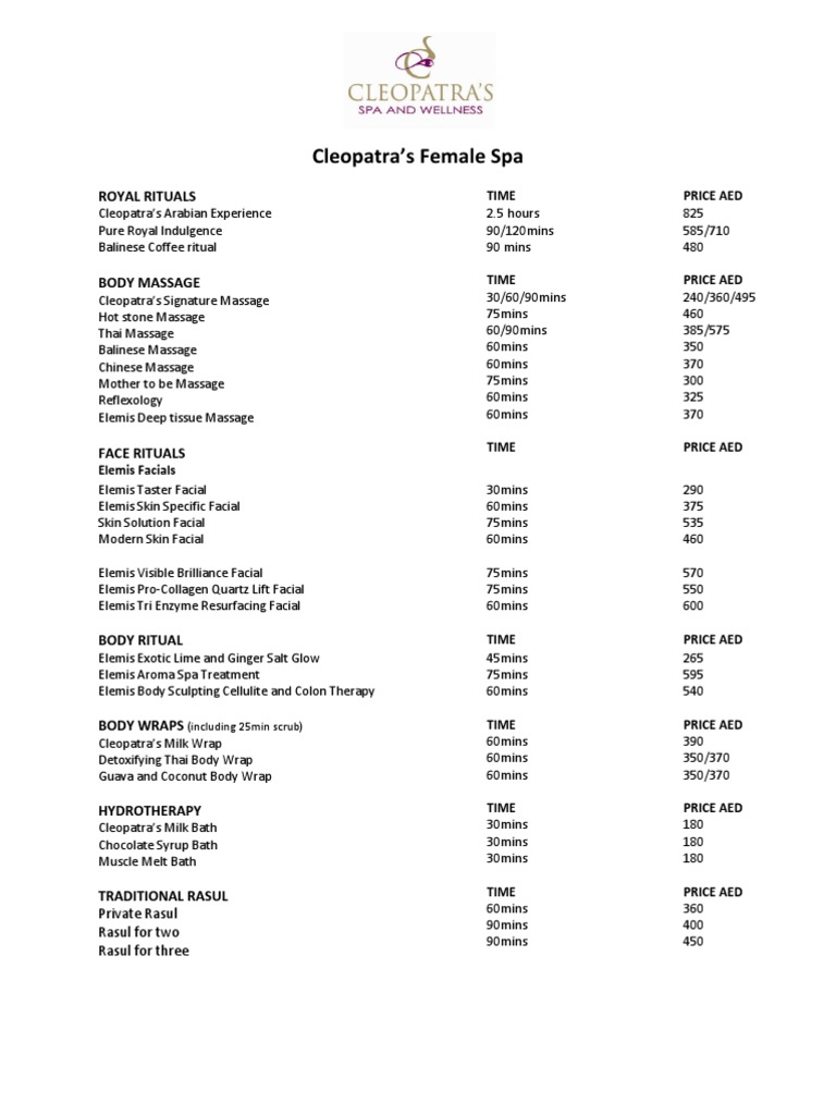 Cleopatra's Spa Treatment List | PDF | Massage | Spa