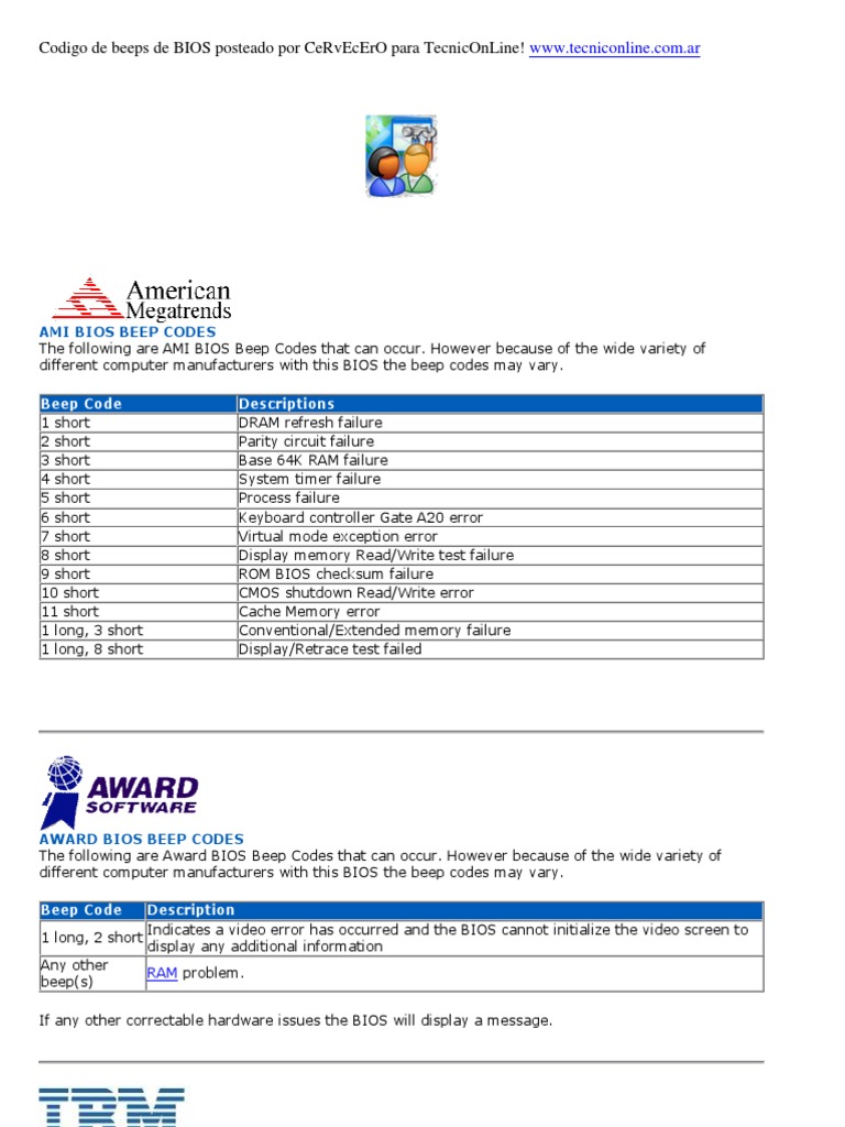Codigos de Beeps de BIOS | PDF | Bios | Random Access Memory