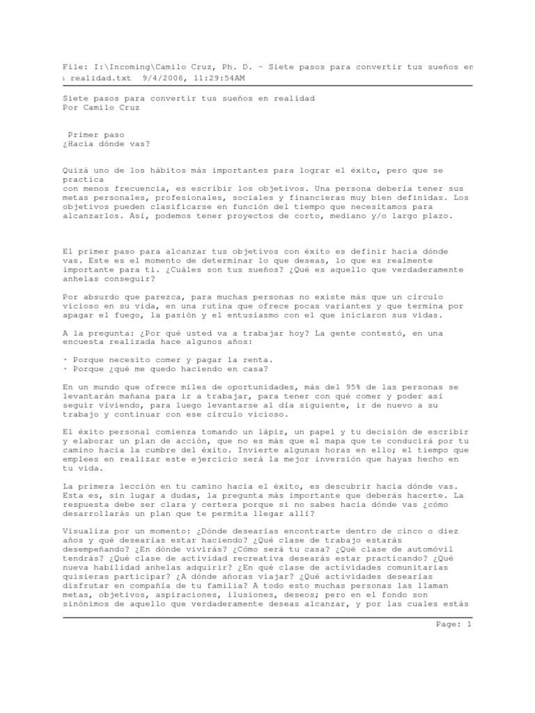 Siete Pasos para Convertir Tus Sueños en Realidad - Camilo Cruz | PDF