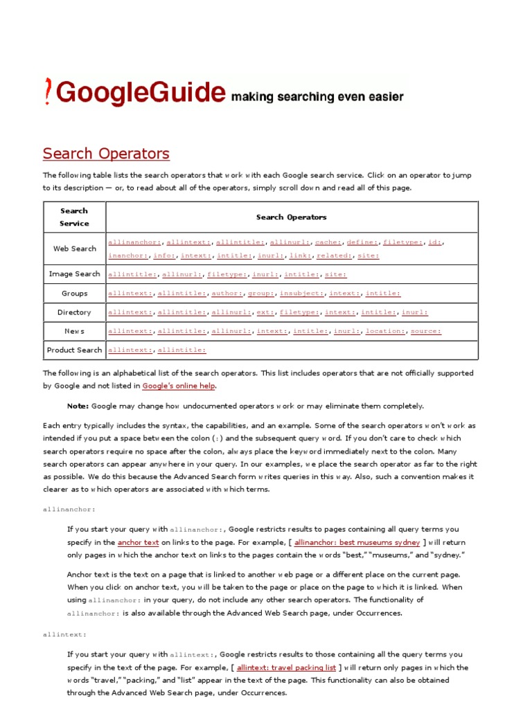 Google Search Operators - Google Guide | PDF