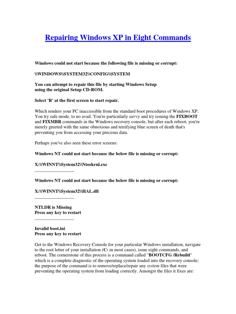 Repairing Windows XP in Eight Commands | PDF | Booting | Microsoft Windows