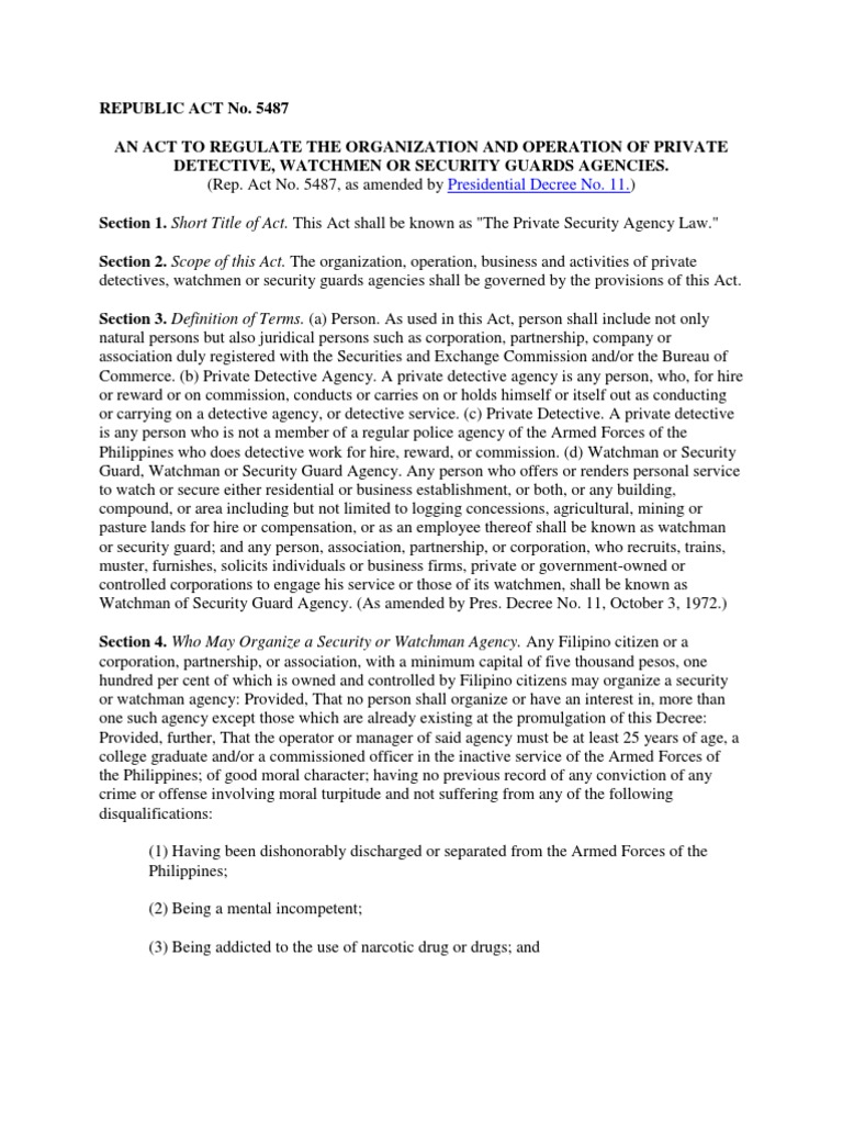 Republic Act No 5487 | Security Guard | Private Investigator | Free 30 ...