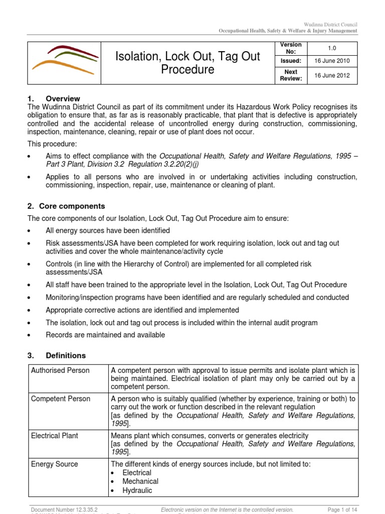 Isolation, Lock Out, Tag Out Procedure | PDF | Occupational Safety And ...
