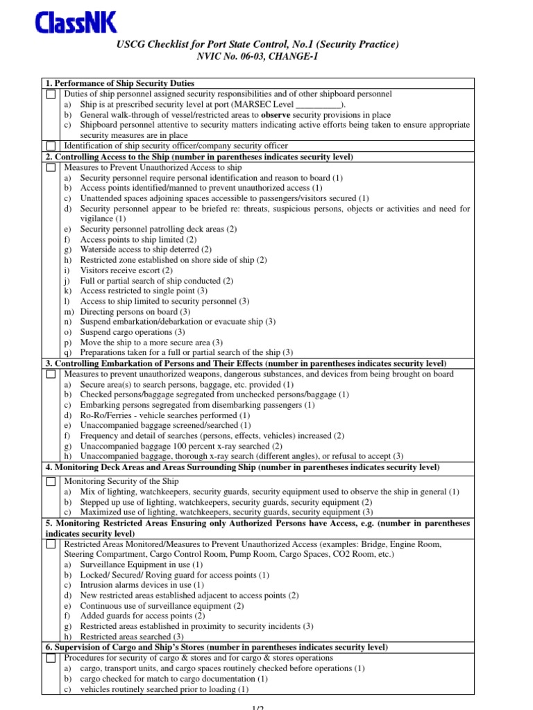 USCG PSC Checklist | PDF | Ships | Security Guard