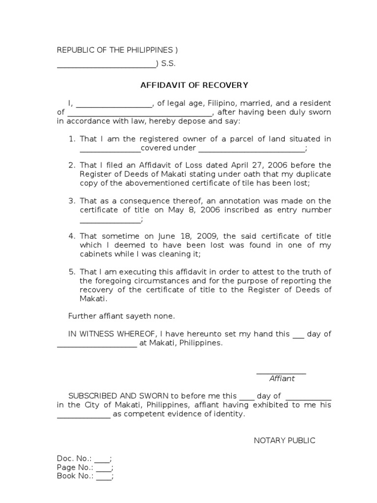 Affidavit of Recovery | PDF