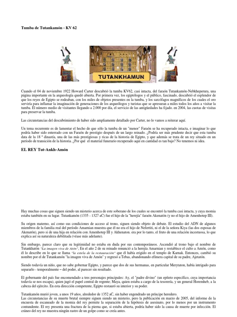 Tumba KV62 de Tutankamón: Descubrimiento y Misterios | PDF | Tutankamón ...