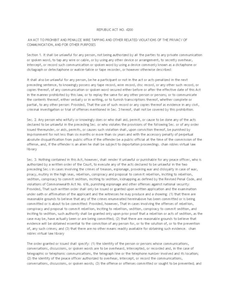 Anti-Wire-Tapping Law RA 4200 | PDF | Treason | Conspiracy (Criminal)