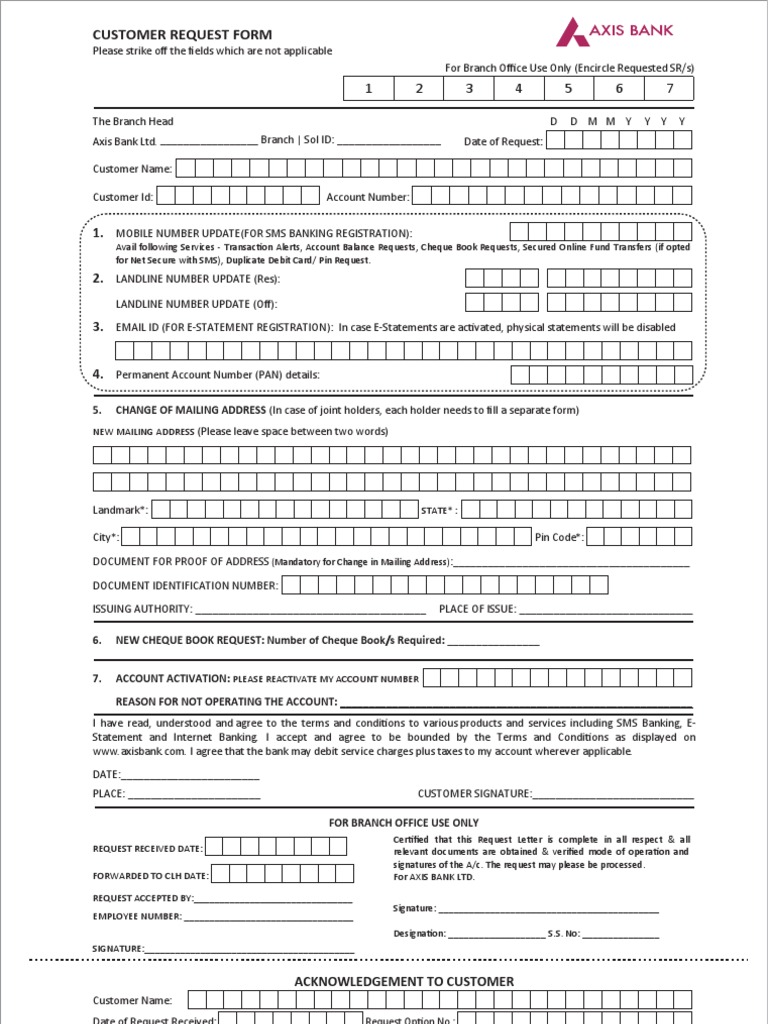 Axis Bank Customer Request Form | PDF | Cheque | Debit Card