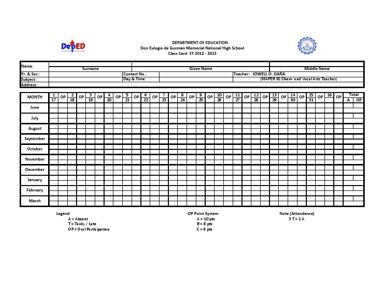 Class Card for SY 2012-2013 | PDF | Art