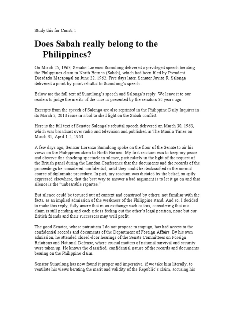 Sabah Claim According To Salonga | PDF | Malaysia | Borneo