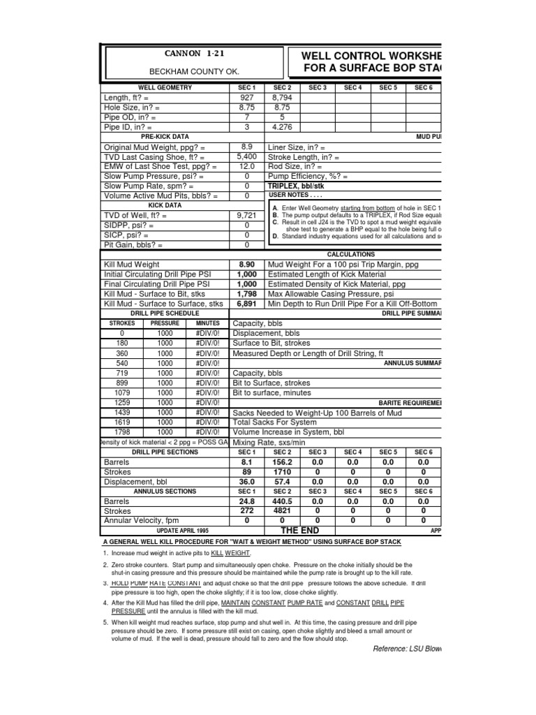 Well Control Worksheet For A Surface Bop Stack: CANNON 1-21 | Download ...
