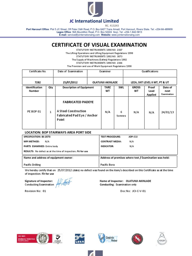 Certificate of Visual Examination: International Limited | PDF | Evaluation