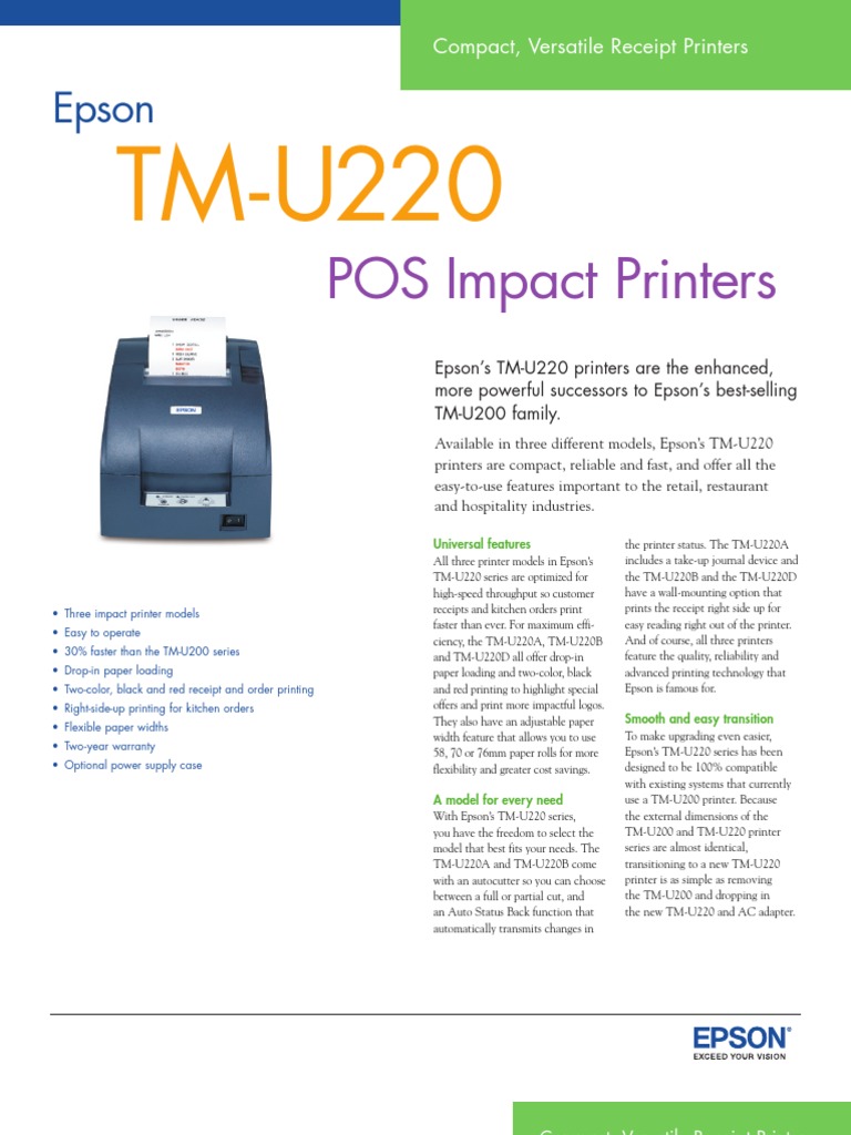 Epson TM-U220 Series POS Impact Printer Brochure | PDF | Printer (Computing) | Point Of Sale