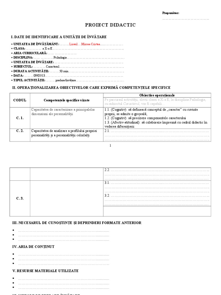Proiect Didactic (Sablon) | PDF