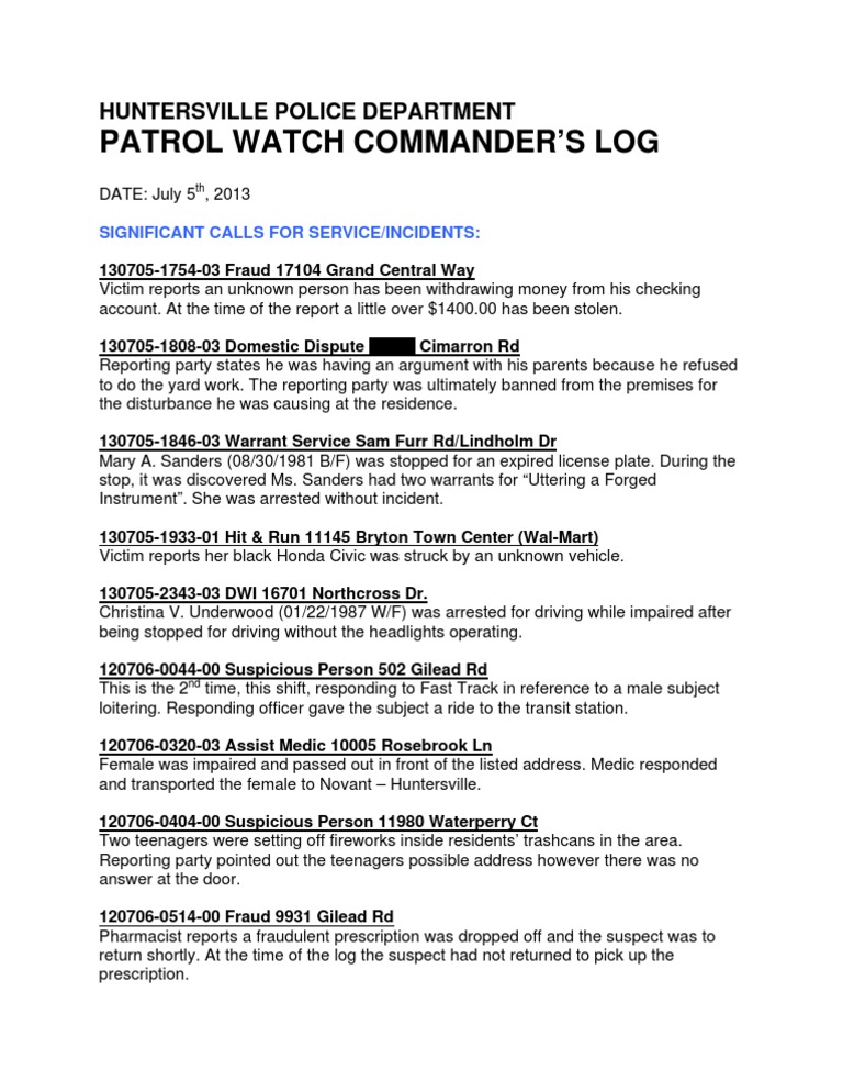 HPD Patrol Watch Log 7-5-13 Night | PDF | Politics | Law