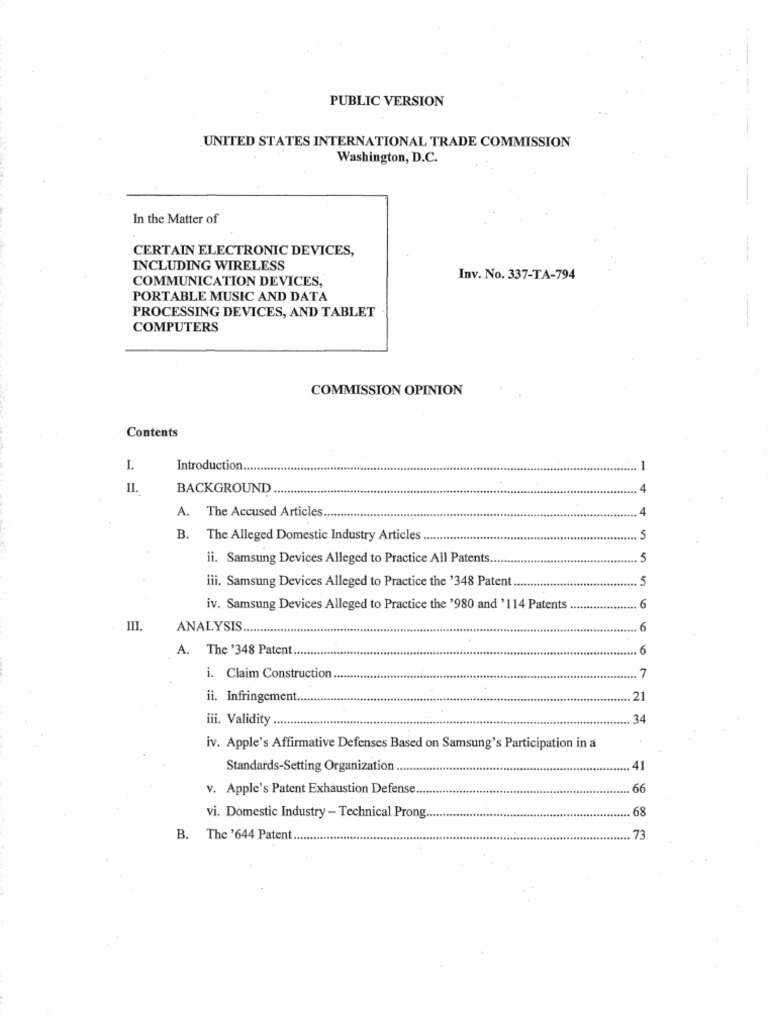 ITC Inv. 337-TA-794 Commission Opinion Part 1 | PDF