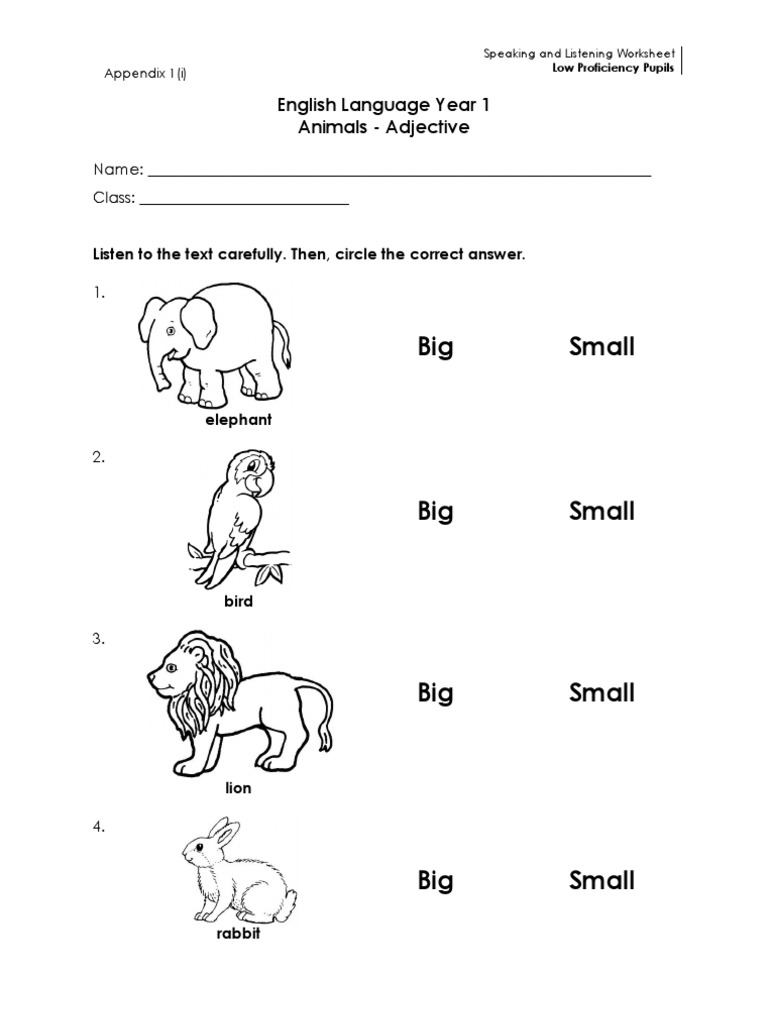 Big Small: English Language Year 1 Animals - Adjective | PDF | Self ...