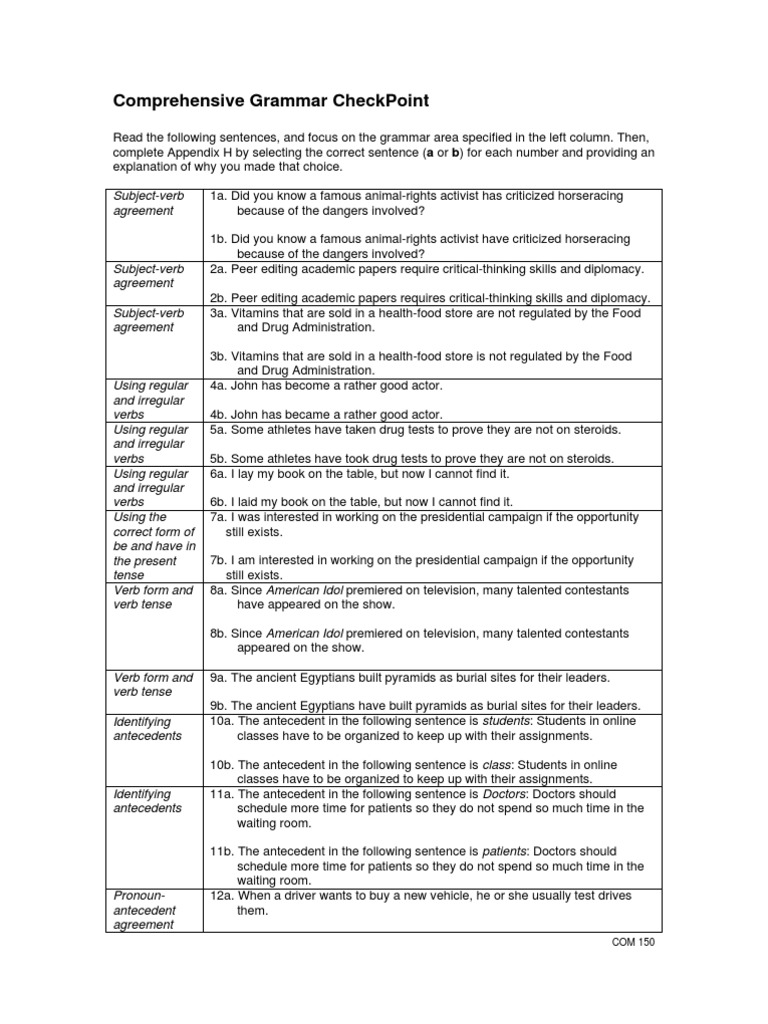 Com150 Comprehensive Grammar Checkpoint Exercises | PDF | Pronoun ...