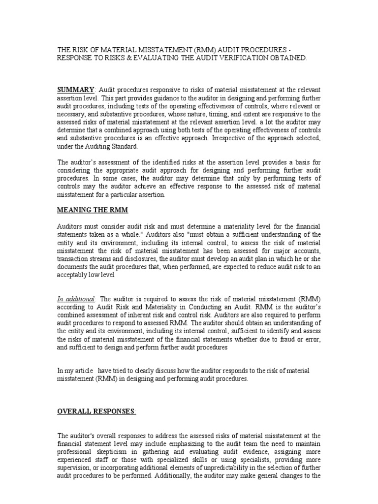 The Risk of Material Misstatement (RMM) Audit Procedures - Response To ...
