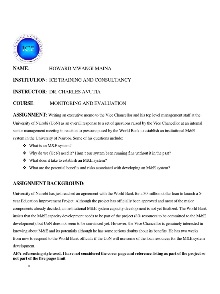 Memo Assignment FINAL COPY | Monitoring And Evaluation | Evaluation