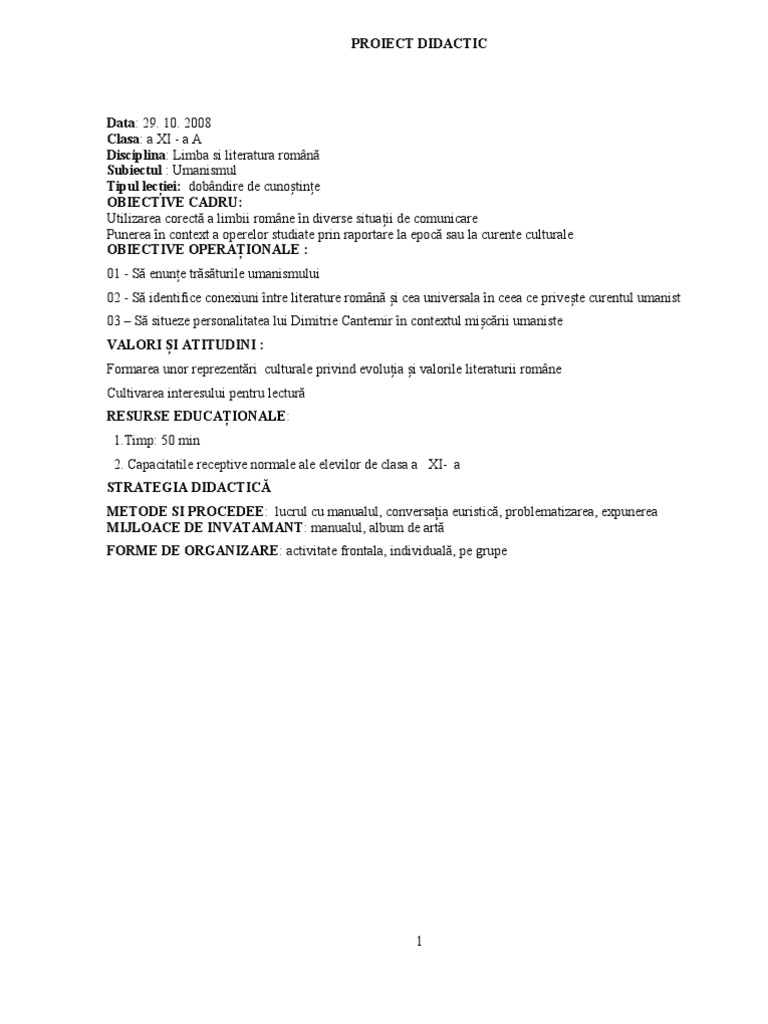 Umanism Proiect Didactic | PDF